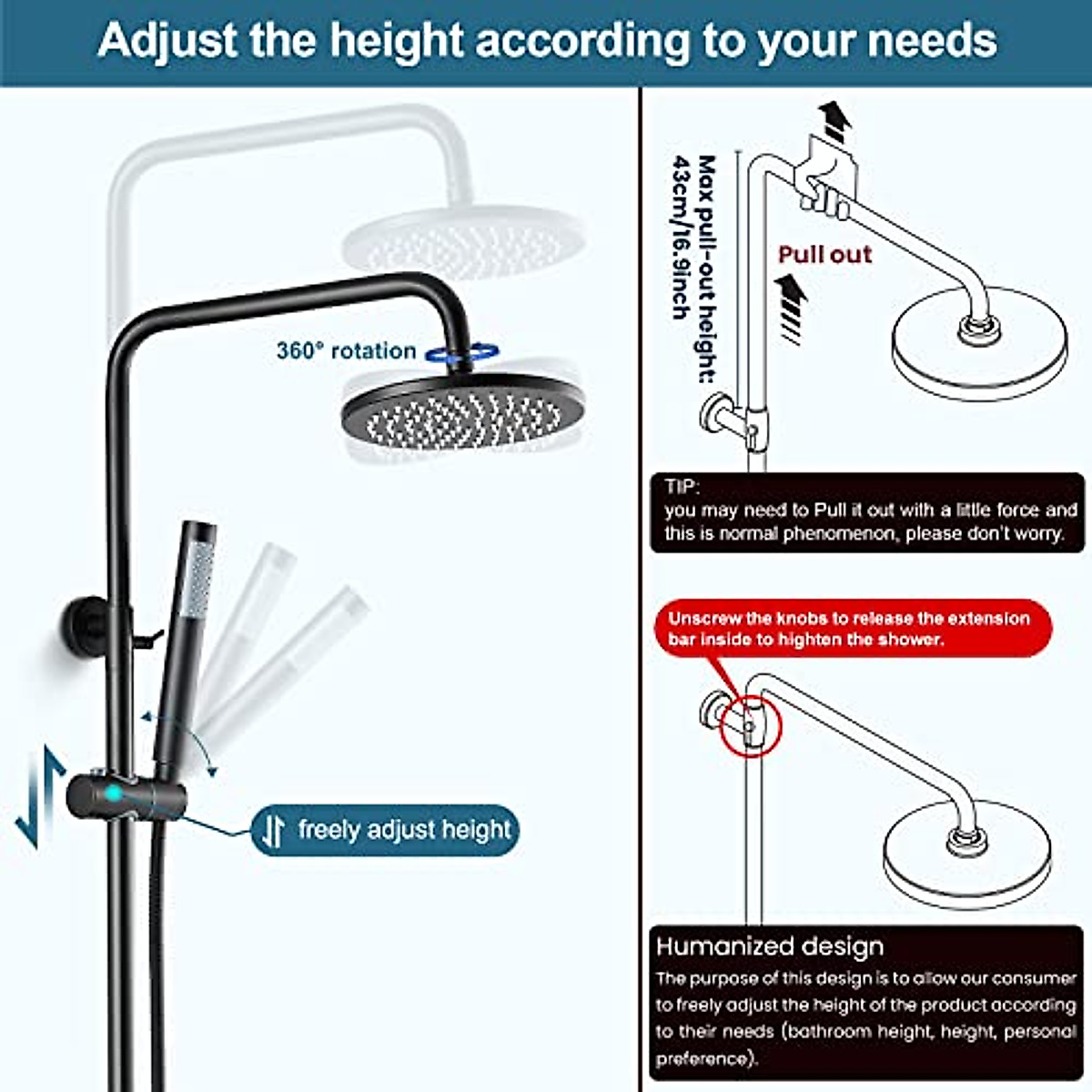 Outdoor Shower Fixture Set Matte Black SUS 304 Stainless Steel 8 Inch Rainfall Shower Head with Cylinder Handheld Spray Wall Mount Adjustable Slide Bar One Handle Shower Faucet