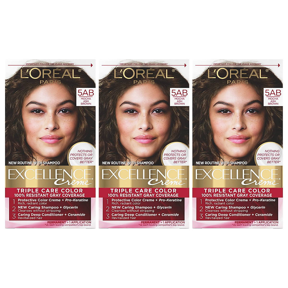 L'Oreal Paris Excellence Creme Permanent Hair Color, 5AB Mocha Ash Brown, 100 percent Gray Coverage Hair Dye, Pack of 3