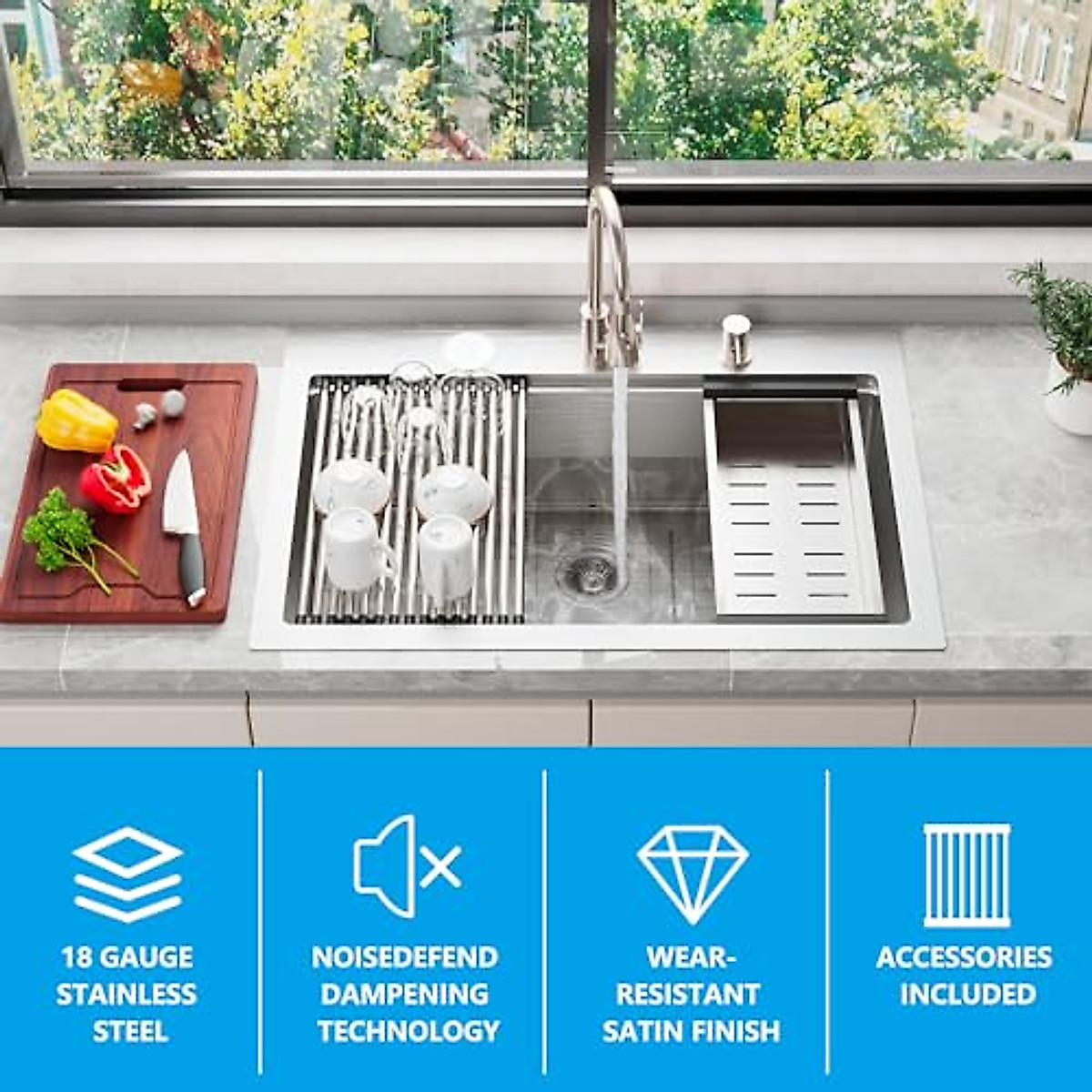 ARAUSK Drop in Kitchen Sink Nano, 33 X 22 Inch, 18 Gauge Gunmetal Matte Stainless Steel Sink, 10 Inch Depth Workstation Sink Single Bowl, T-304 Topmount Sink with Accessories