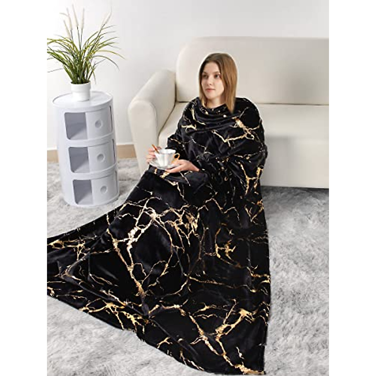 BSNTHO Black Wearable Blanket with Sleeves and Pocket for Women Men Adults，Soft Comfy Throws Blanket with Arm(Black，Pocket)