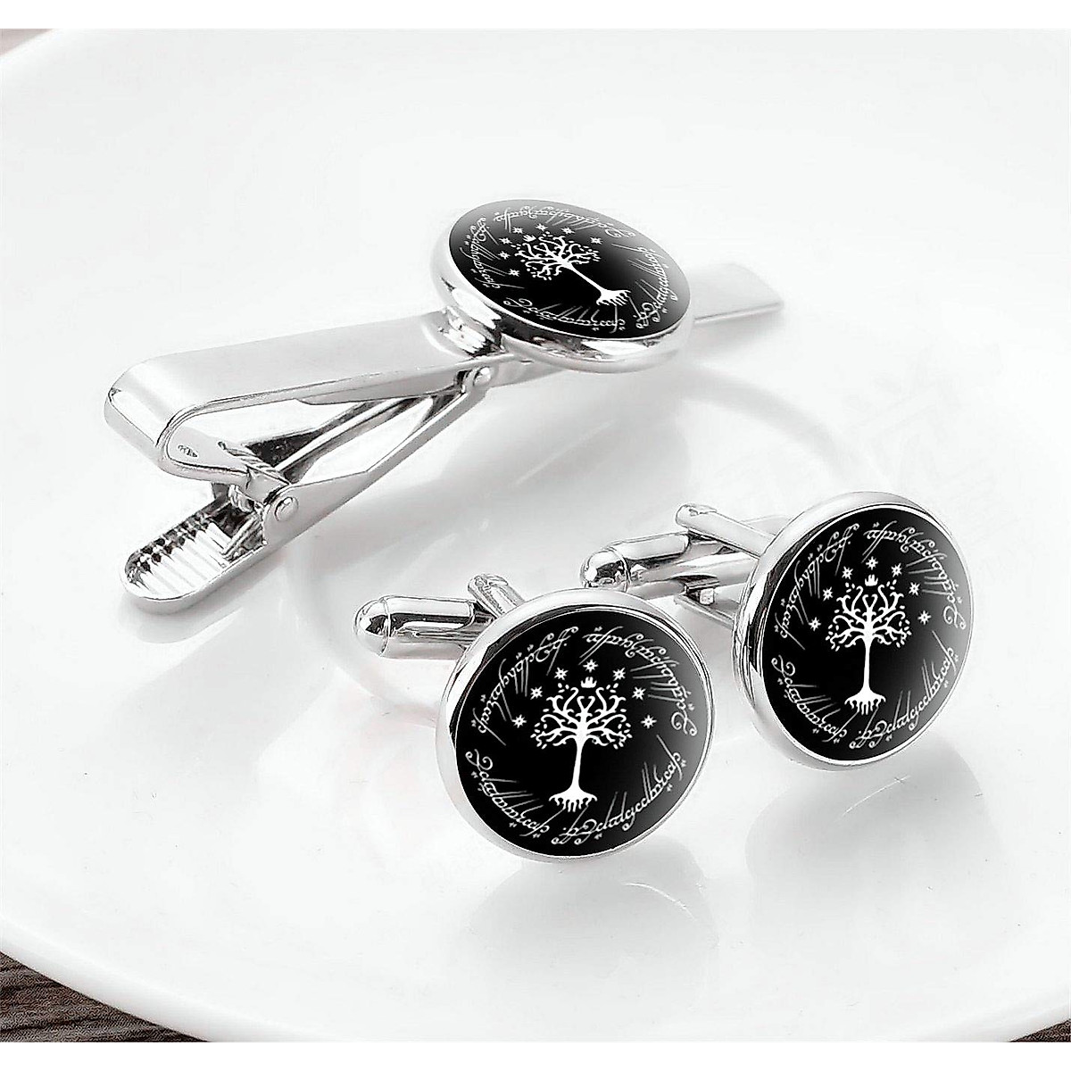 Kooer White Tree Cufflinks Personalized Tree of Life Christmas Wedding Cuff Links Gifts For Men Father Dad Husband Groom (Silver cuff links)