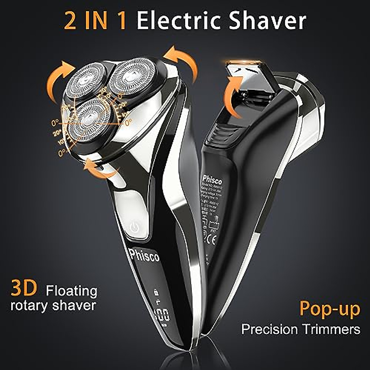 Phisco Electric Shaver Razor for Men Floating Rotary, IPX7, LED Display, Rechargeable, Dry/Wet, Pop-Up Beard Trimmer (Black)