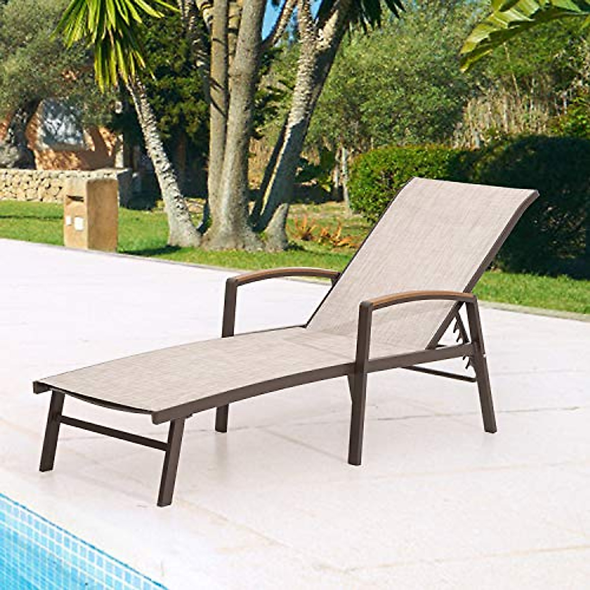 Pellebant Adjustable Aluminum Patio Chaise Lounge Chair with Polywood Arms, 5 Positions and Lay Flat, Outdoor Recliners, Easy Assembly, All Weather Furniture for Beach, Pool and Yard, 1PC, Beige
