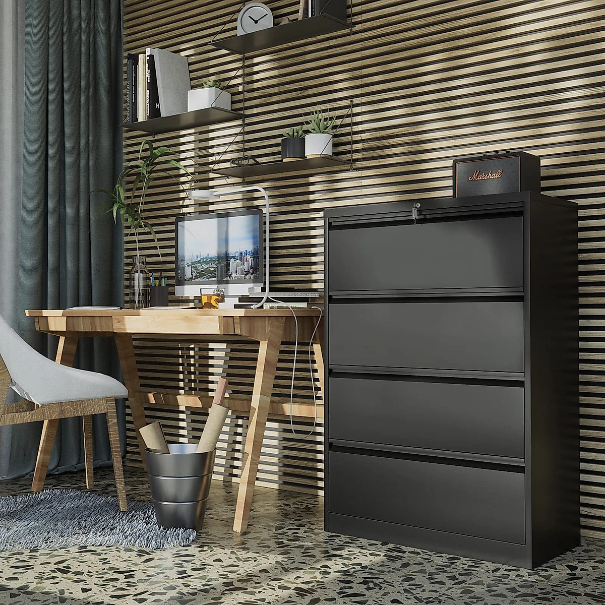 AOBABO 4 Drawer Lateral Steel File Organizing Cabinet with Locking System and Adjustable Hanging Bars for Letter/Legal Size Paper, Black