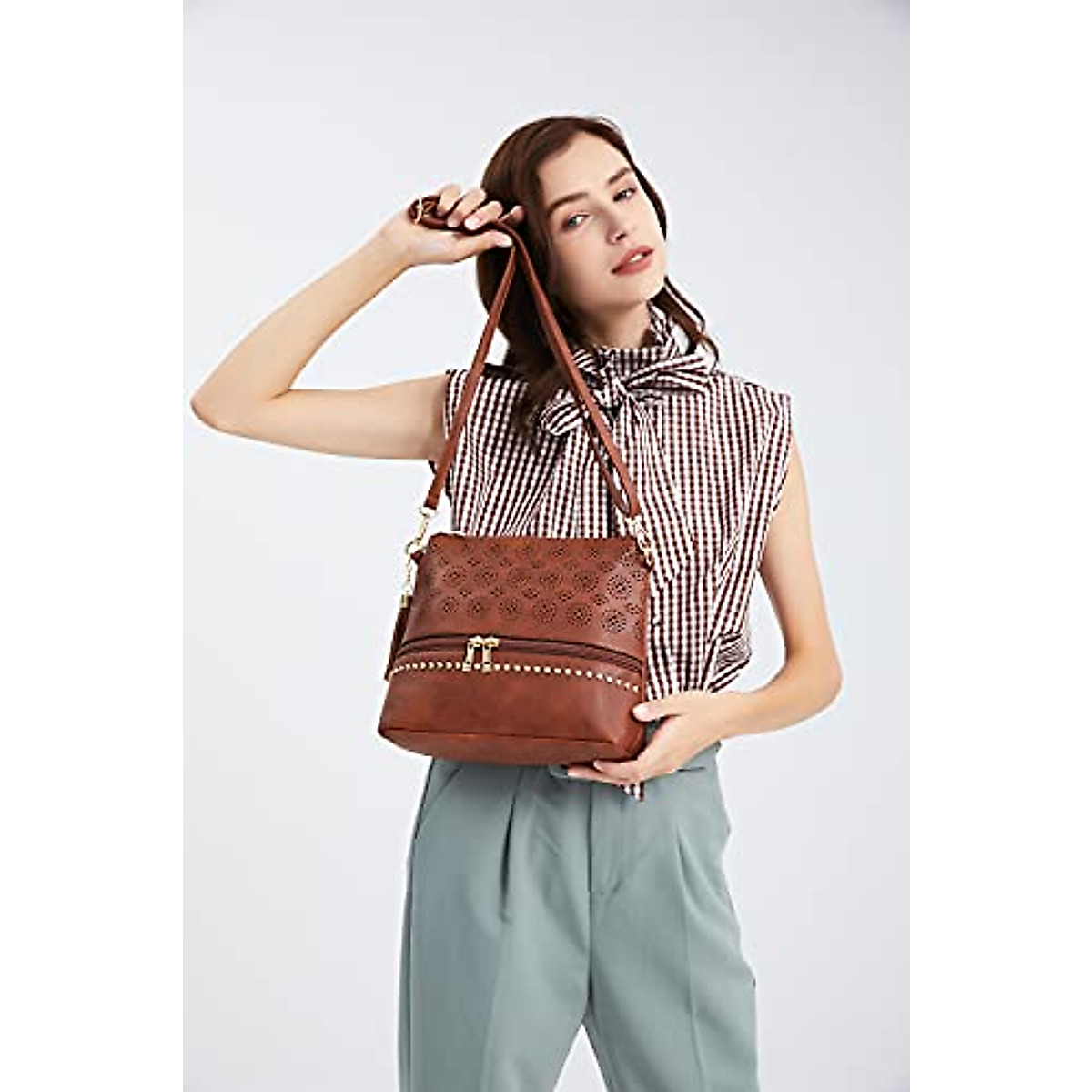 Boho Crossbody Bags for women Leather Purses and Handbags Small Cross Body bags Retro Hollow Out Bags Ladies Handbags Brown
