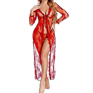Avidlove Sexy Lingerie Robe for Women Lace Kimono Gown Bridal Babydoll Linngerie Red, M