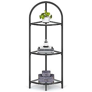 VASAGLE 3-Tier Corner Shelf Stand, Corner Bookshelf, Bathroom Organizer, Plant Stand, Tempered Glass, Steel Frame, Modern Style, for Living Room, Bathroom, Kitchen, Classic Black ULGT811B61