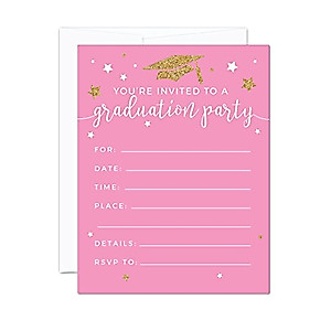 Andaz Press Pink and Gold Glittering Graduation Party Collection, Blank Invitations with Envelopes, 20-Pack