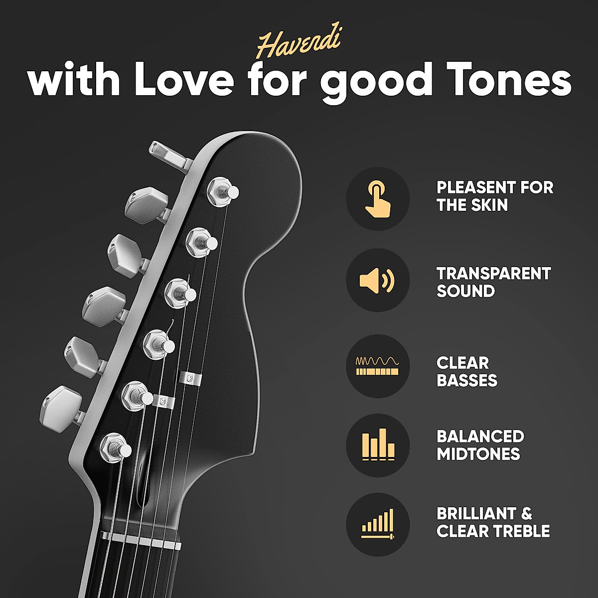 HAVENDI® Guitar Strings electric guitar - brilliant sound quality strings made of steel for electric guitar coated with nickel (6 string set) incl. 3 picks