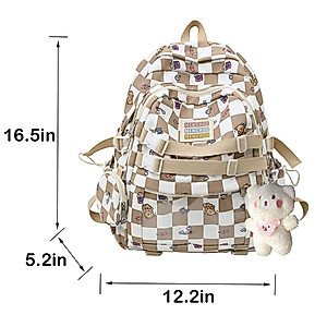 Lokkcy Cute Kawaii Backpack for Teen Girls with Doll,Fashion Plaid Backpack for School checkerboard backpack. (Khaki)