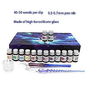 AXEARTE Glass Dip Pen Set, 18-Pieces Calligraphy Pens Set - 14 Color Inks, Pen Holder, Cleaning Cup, 2 Crystal Glass Pens for Art, Writing, Drawing, Signatures, Gift for Kids and Artist