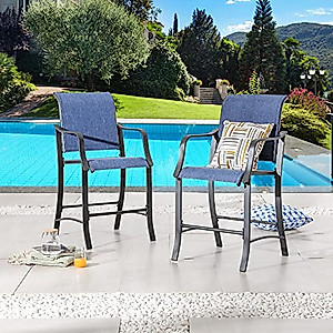 LOKATSE HOME 2 Pieces Outdoor Counter Height Bar Stools Patio Furniture Metal Armchair Set, Blue