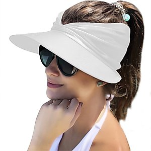 Muryobao Womens Sun Visor Hat Wide Brim Summer UPF 50+ UV Protection Beach Sport Cap White