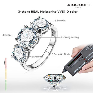 AINUOSHI 2-4CT Moissanite Engagement Ring, 3-stone Wedding Band for Women 925 Sterling Silver Round Cut Diamond Anniversary Promise Rings for Her Christmas Gift, Jewelry Box Packed With Certificate