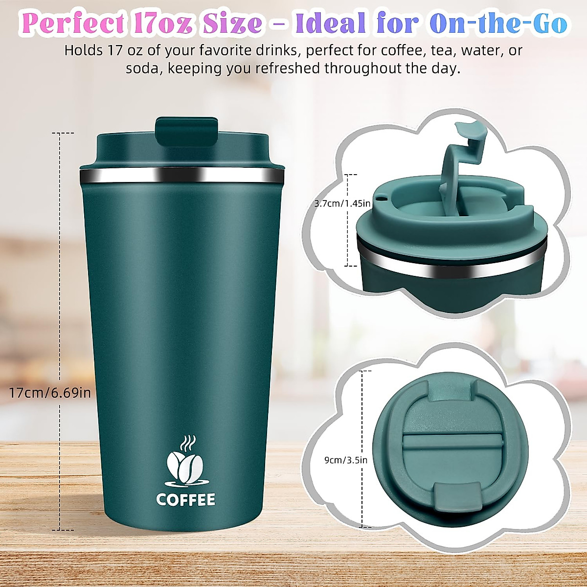 17oz Insulated Travel Coffee Mug with Flip Lid – Leakproof Stainless Steel Insulated Coffee Tumblers, Portable Thermos Cup for Hot & Cold Drinks, Perfect for Camping & On-the-Go