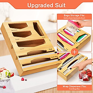 Ziplock Bag Organizer,Upgraded 6 in 1 Foil and Plastic Wrap Organizer,Bamboo Storage Organizer for Gallon,Quart,Sandwich & Snack Bag,Foil Dispenser With Cutter Fit 12" Plastic Wrap,Aluminum Foil