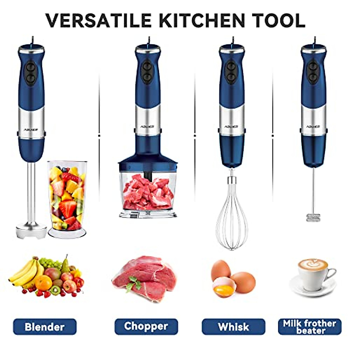 Immersion Blender Hand Blender, Abuler 800W Hand Mixer Stick, 5-in-1, 12 Speed BPA-Free Stick Blender 304 Stainless Steel, Chopper, Whisk, Milk Frother, Beaker, Smoothies, Milkshake, Purée Baby Food, Sauce, Dips, Mayo