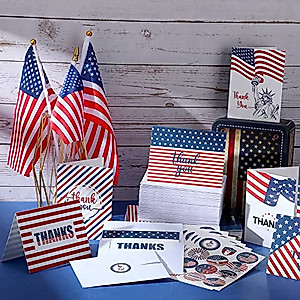 Tisancy 100 Sets Patriotic Greeting Cards with Envelopes Stickers American Flag Patriotic Thank You Cards for Military Veteran July 4th Memorial Day (Bright Flag)