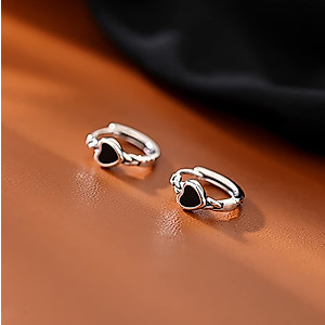 SLUYNZ 925 Sterling Silver Black Heart Hoop Earrings for Women Teen Girls Heart Huggie Earrings Hoop (A-Silver)
