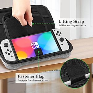 Fintie Large Carrying Case for Nintendo Switch/Switch OLED Model - Fits AC Adapter Charger, Shockproof Hard Shell Protective Cover w/20 Games Storage for Switch Console Joy-Con & Accessories, Gray