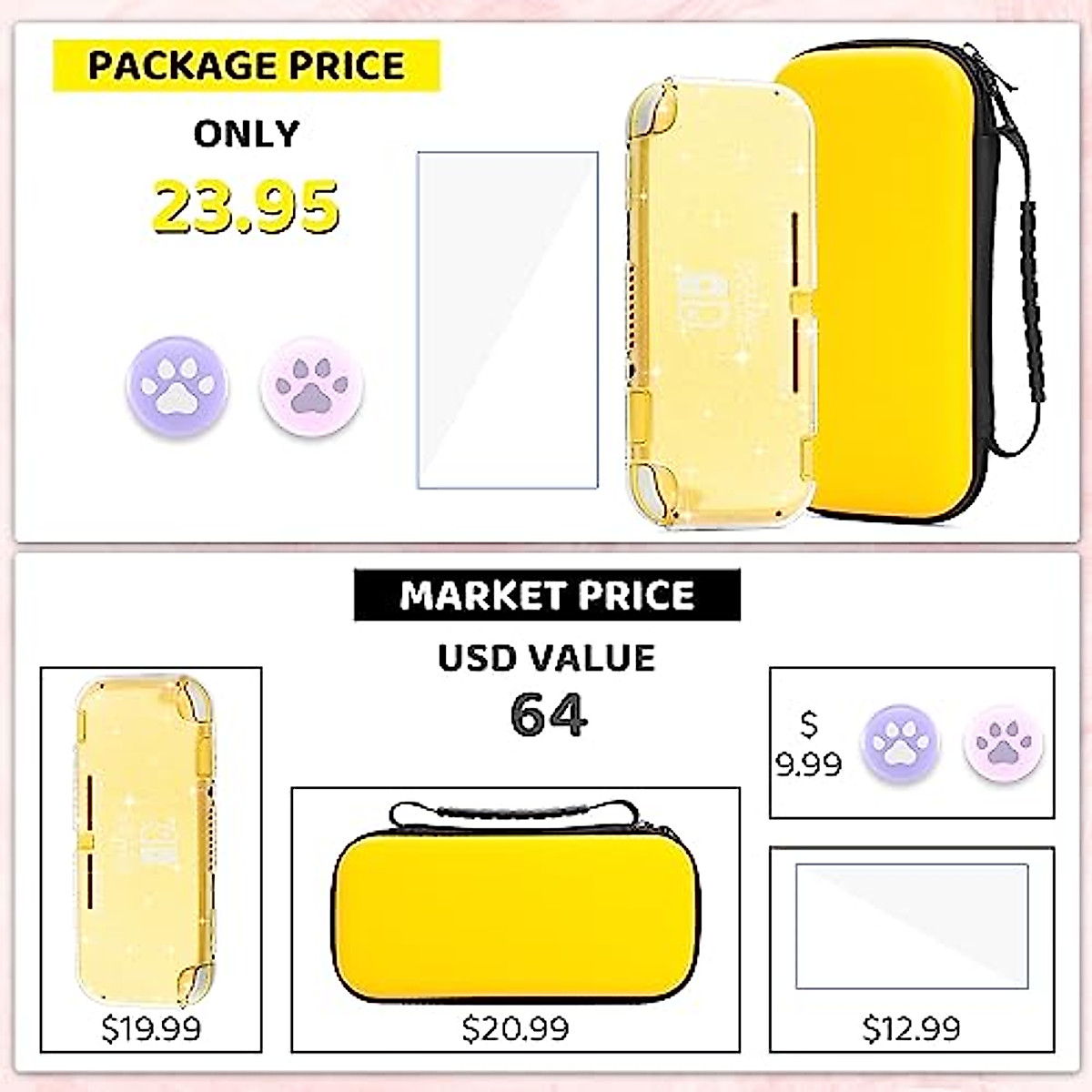 HYPERCASE Protective Case for Nintendo Switch Lite, Yellow Hard Shell Portable Travel Carrying Case Pouch for Nintendo Switch Console & Accessories, Storage Bag with 8 Game Card Slots for Girls Boys.
