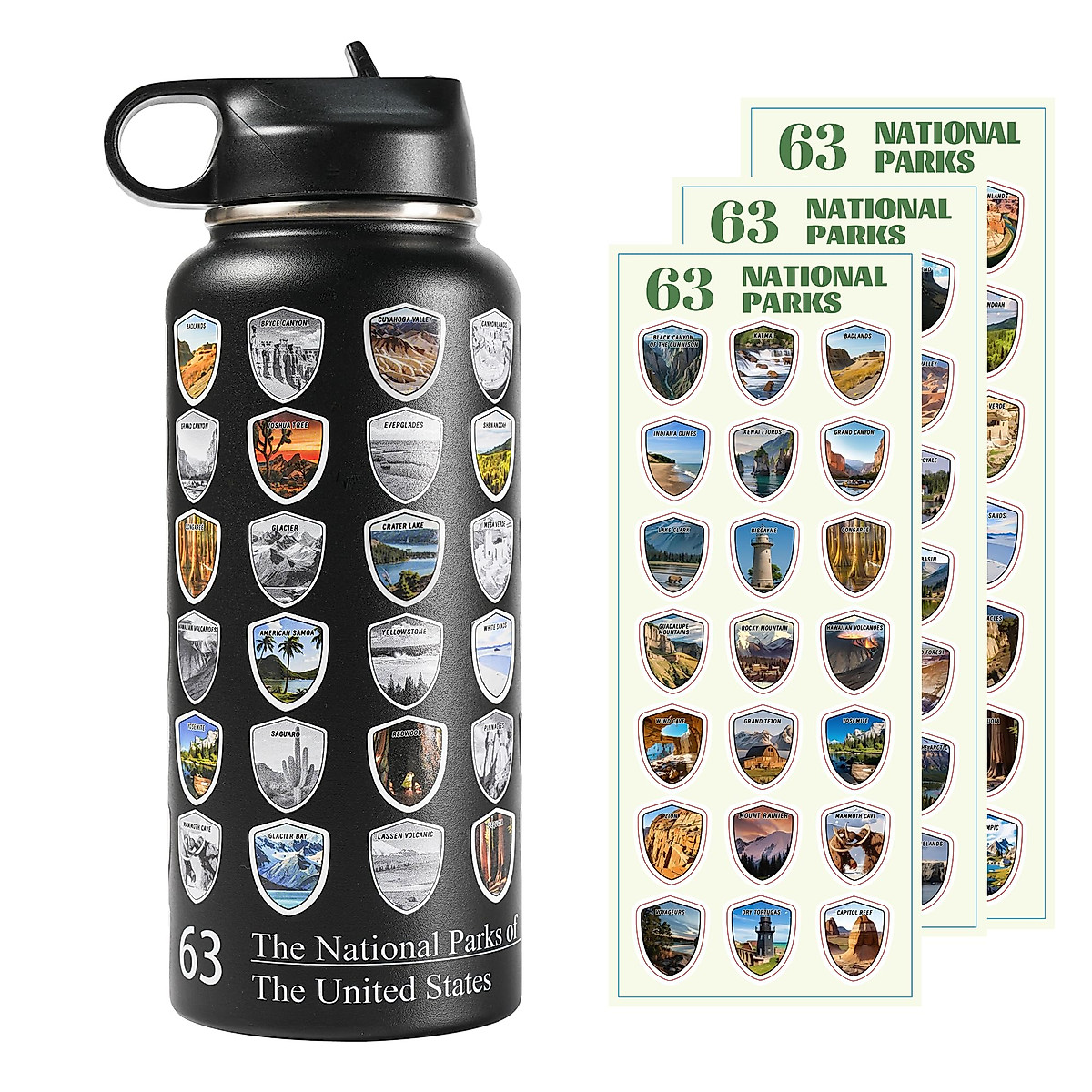Beautsque 63 National Parks Water Bottle with Stickers,3D Printed,32 oz Travel Insulated Bottles with Straw, Stainless Steel