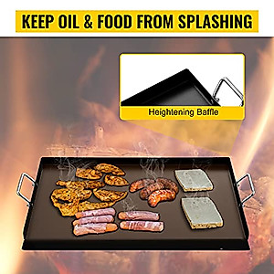 VEVOR Carbon Steel Griddle, Griddle Flat Top Plate, Griddle for BBQ Charcoal/Gas Gril with 2 Handles, Rectangular Flat Top Grill with Extra Drain Hole for Tailgating and Parties (16"x24")