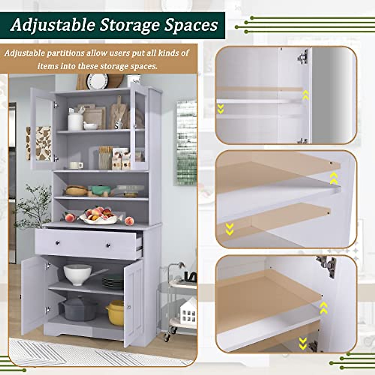 70.9" Freestanding Kitchen Pantry, Kitchen Cupboard Storage Cabinet with Glass Doors and Large Drawer Tall Pantry Cabinet Cupboard with Adjustable Shelves for Dining Room, Living Room, Antique White