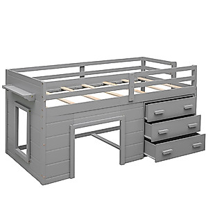Harper & Bright Designs Low Twin Loft Beds with Storage Drawers, Wooden Twin Loft Bed with Cabinet & Bedside Tray, Kids Twin Loft Bed for Girls & Boys (Twin, Grey)