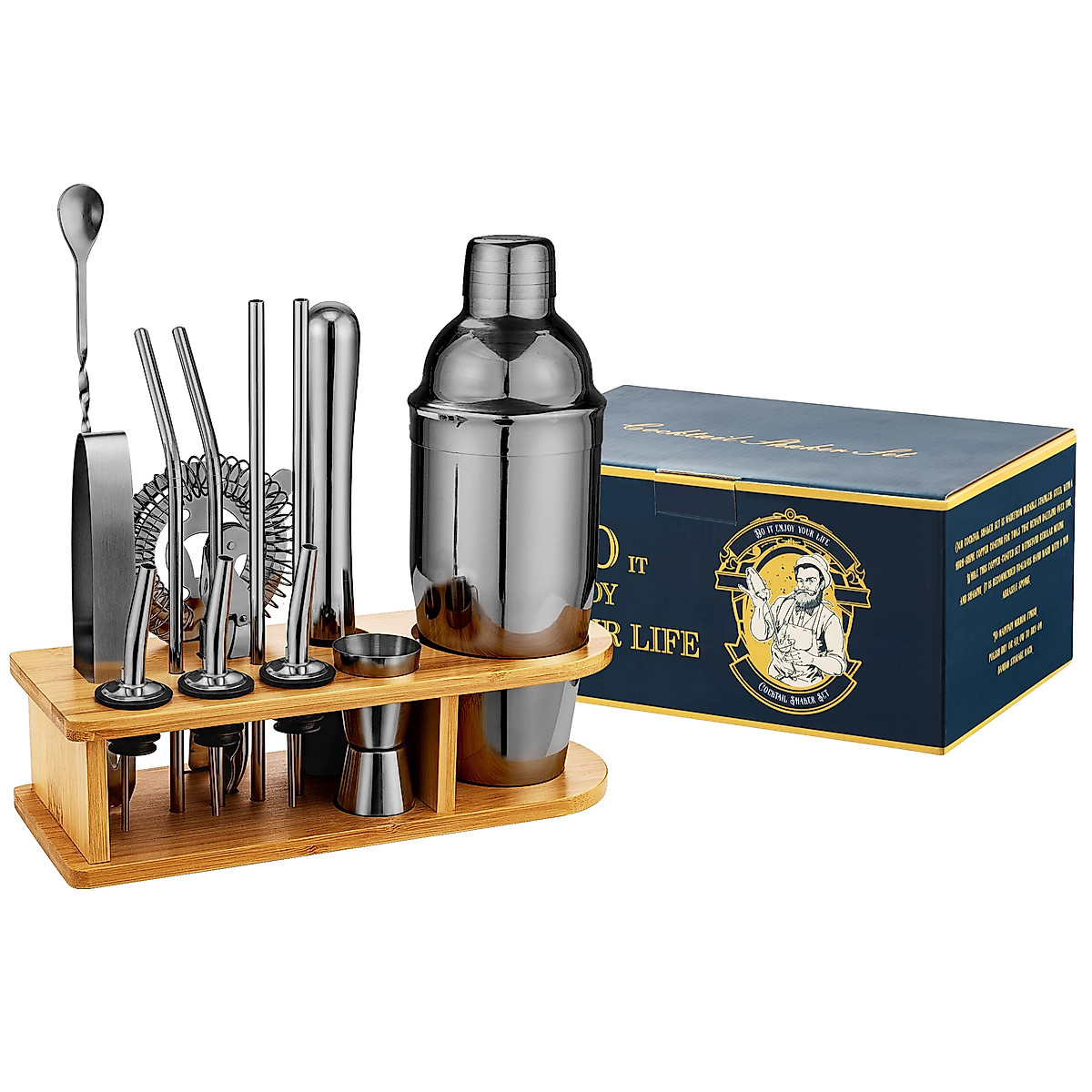 17 Pieces Cocktail Shaker Set with Bamboo Stand,Gifts for Men Dad Grandpa,Stainless Steel Bartender Kit Bar Tools Set,Home, Bars, Parties and Traveling (Bamboo Wood Black)
