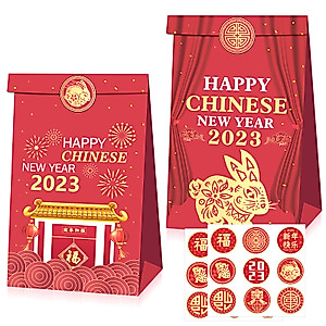 Chinese New Year 2023 Year of the Rabbit Party Goodie Bags 18 Pack, Lunar New Year Red Kraft Paper Candy Bags, Spring Festival Party Favor Treat Box Gift Bags