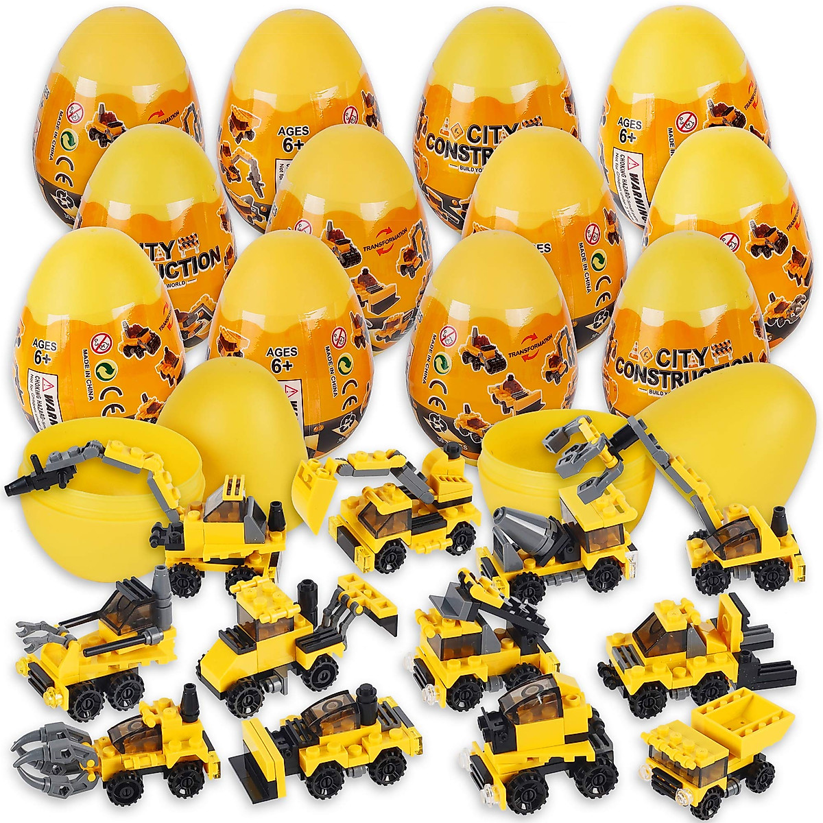 ATDAWN 12 Pcs Prefilled Easter Eggs with Construction Vehicles Building Blocks for Easter Basket Stuffers, Easter Egg Hunt, Easter Party Favors