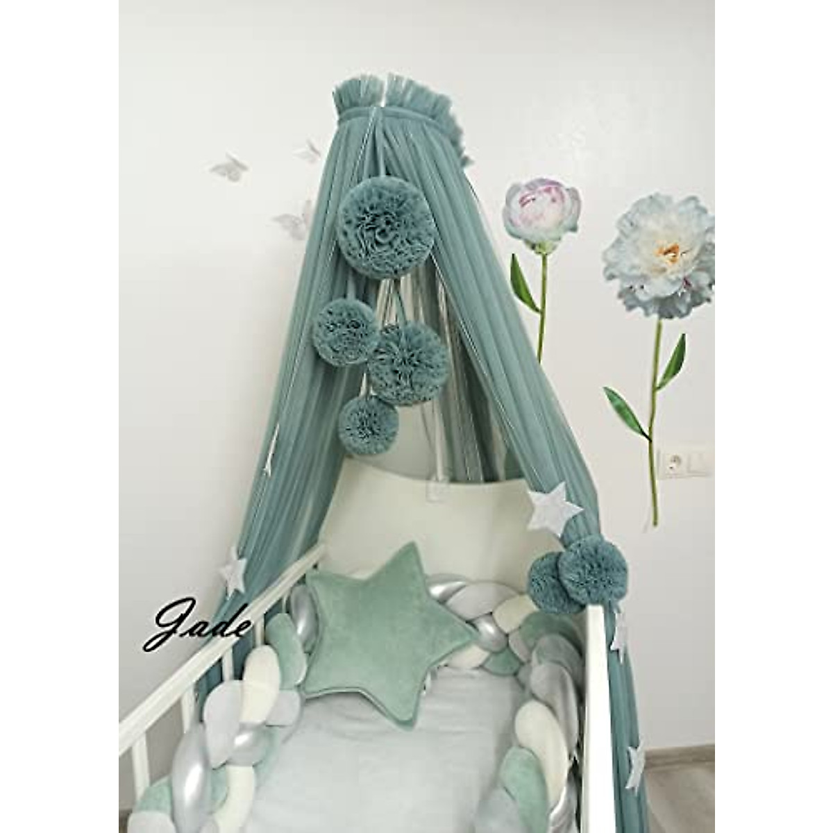 Soft canopy for nursery with holder and pompoms, Kids hanging tent for bedroom, Bed canopy, crib canopy, baby room decor, Nook baldachin (Dusty Pink)