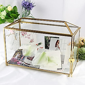 Vetoo 10.2x8.3x5.9inches Gold Glass Card Box with Lock and Slot,Wedding Card Boxes for Reception,Graduation,Gift Cards,Party,Baby Shower, Clear Geometric Terrarium Centerpiece Gift.