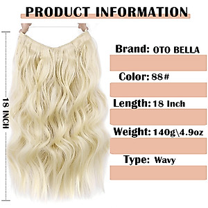 Invisible Wire Hair Extensions - 18 Inch Halo Hair Extension Long Wavy Synthetic Hairpiece with Transparent Wire Adjustable Size, 4 Secure Clips for Women(Wavy, 88#)