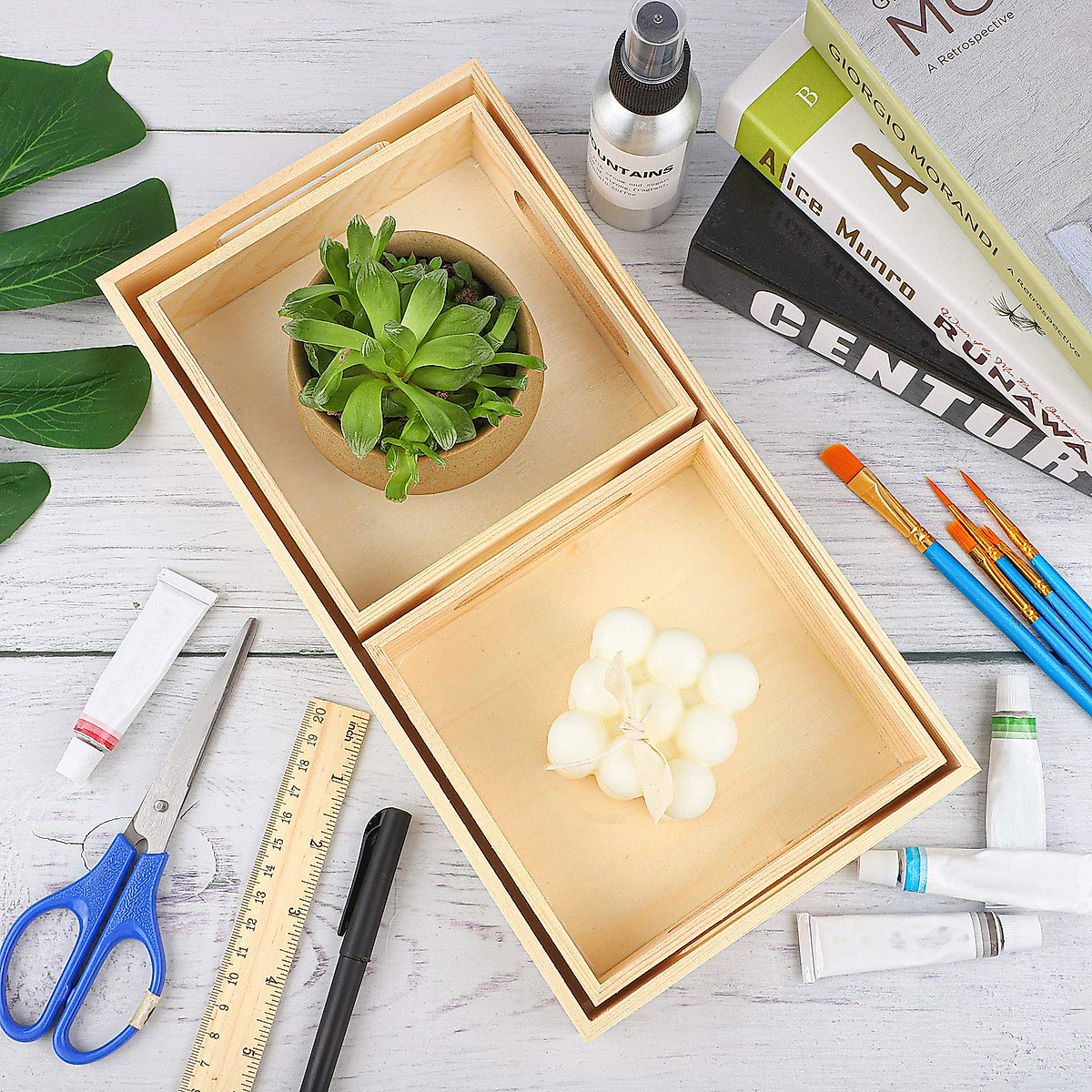 Aodaer 7 Pieces Wooden Nested Serving Trays Rectangular Shape Wood Trays Serving Trays with Handles for Kitchen Party Dinner Snacks