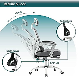 Sweetcrispy Ergonomic Lumbar Pillow and Retractable Footrest, Swivel Rolling Padded Armrests Headrest Height Adjustable Home Office, High Back Reclining Mesh Chair, Light Grey