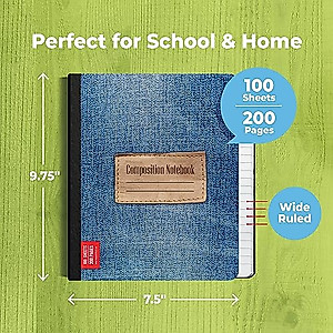 E-CLIPS USA Composition Notebook Wide Ruled, Aesthetic Composition Notebook, Hard Cover, Jean Print Preppy Composition Notebook, 100 sheets 200 Pages (3 Pack)