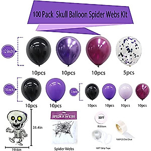 Halloween Balloon Arch Garland Kit, Black Purple Confetti Balloons Skull Balloon and Halloween Spider Webs for Kids Halloween Scary Birthday Party Decorations Supplies, 100 Pack