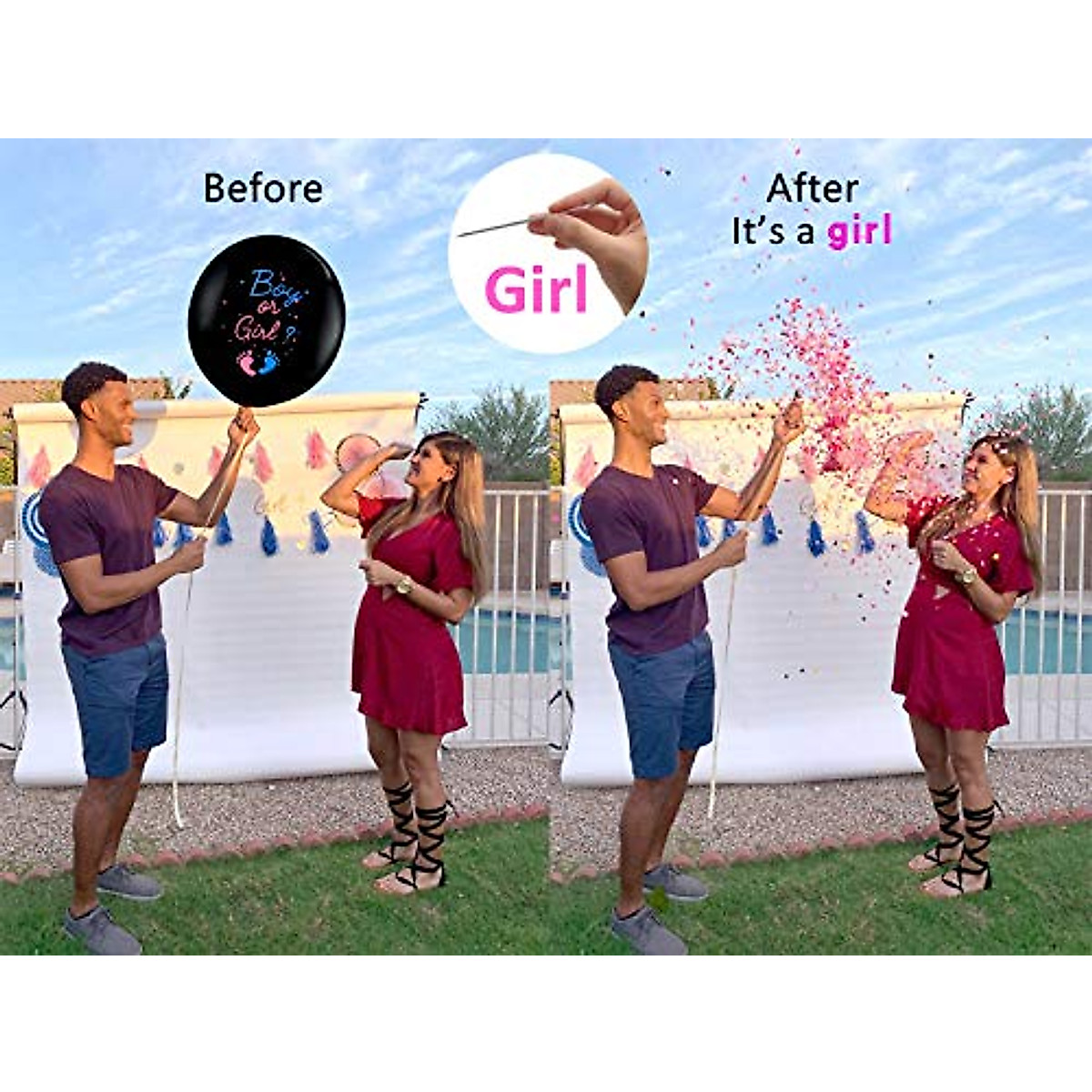 Jumbo Gender Reveal Confetti Balloons 2pcs 36" Black Boy or Girl Balloon Come with Blue Pink Confetti for Baby Gender Reveal Party Idea