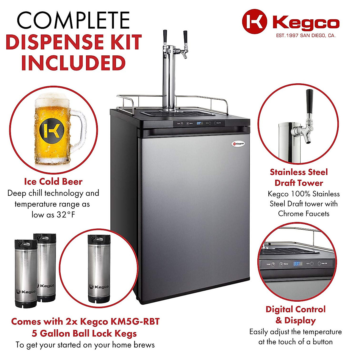 Kegco HBK309S-2K Full-Size Digital Homebrew Kegerator Dual Faucet Stainless with Ball Lock Keg, 1 count