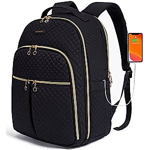 BASMART Travel Laptop Backpack, 15.6 Inch Womens Travel Backpack With USB Charging Hole, Water Resistant Anti Theft College School Backpacks, Large Black Computer Backpacks for Work, Black