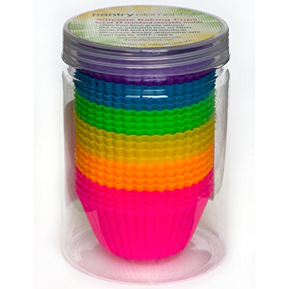 Pantry Elements Silicone Baking Muffin cups with Bonus Gift Storage Jar, 24 Pack, Heavy Duty, Reusable Non-stick, BPA Free Molds, The Original Rainbow Vibrant Silicone Cupcake Liners