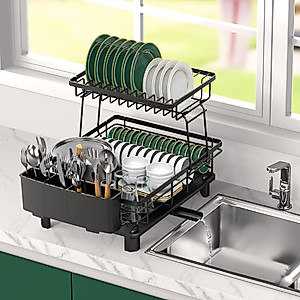 ROTTOGOON Large Dish Drying Rack, 2-Tier Stainless Steel Dish Racks for Kitchen Counter, Durable Dish Drainer with Drainboard, Drainage, Utensil Holder for Various Kitchenware, Black