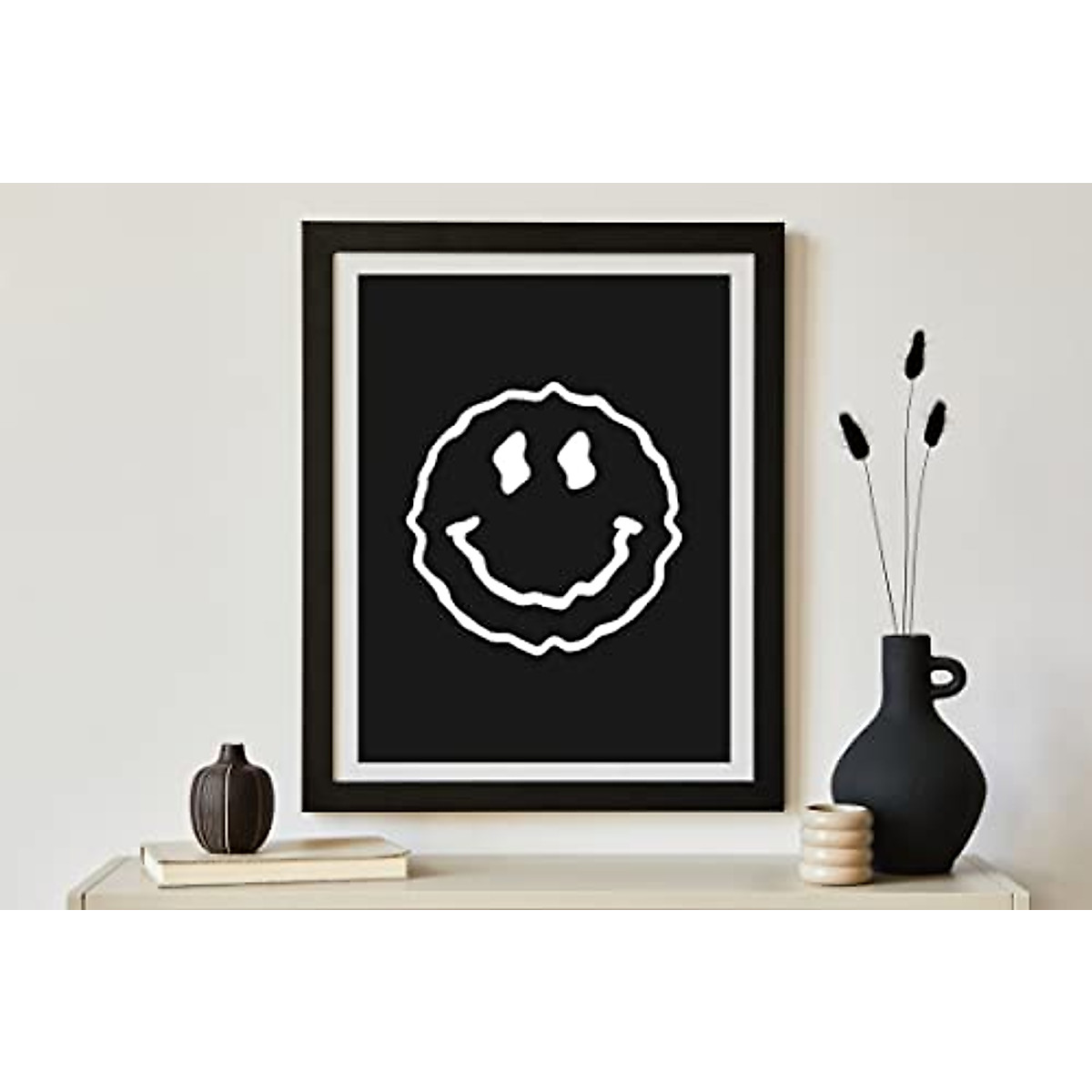 PRINT UP Smiley Poster Wave Face, Trippy Room Decor, Cool Modern Funny Posters for College Dorm, Grunge Black Poster 12x16 (UNFRAMED)