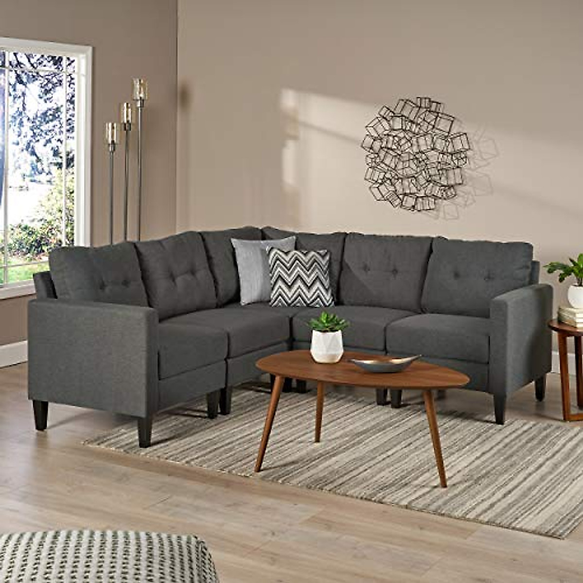 Christopher Knight Home Emmie Mid-Century Modern 5-Piece Sectional Sofa, Dark Grey / Dark Brown