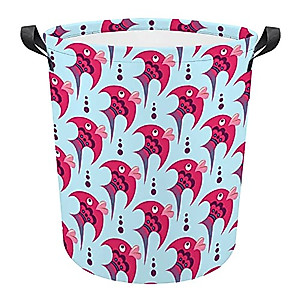 Pink Cartoon Fish Foldable Laundry Basket Waterproof Hamper Storage Bin Bag with Handle 16.5"x 16.5"x 17"