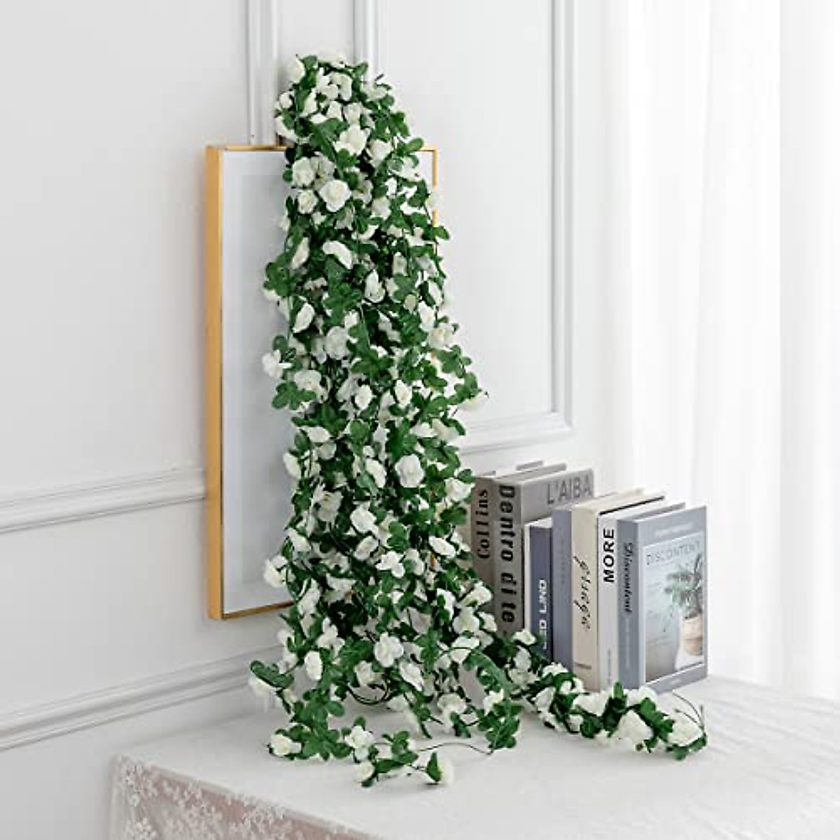Senseya 6pcs 48FT Artificial Flower Garlands, Fake Peony Vine Artificial Flower with Green Leaves, Hanging Fake Roses Vine for Wedding Home Hotel Office Garden Christmas Wall Arch Decor (Ivory)