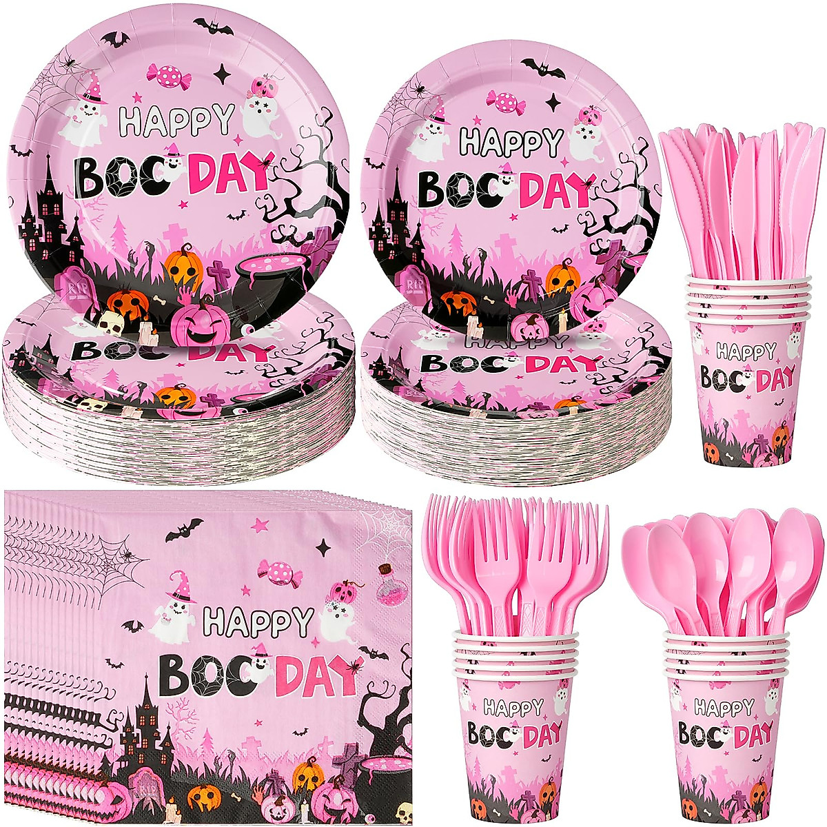 Halloween Happy Boo Day Bayby Shower Party Decorations,Pink Orange Ghost Pumpkin Disposable Paper Plates Napkins Cups Knives Spoons Fork for Girl Halloween Birthday Baby Shower Party Supplies,Serve 50