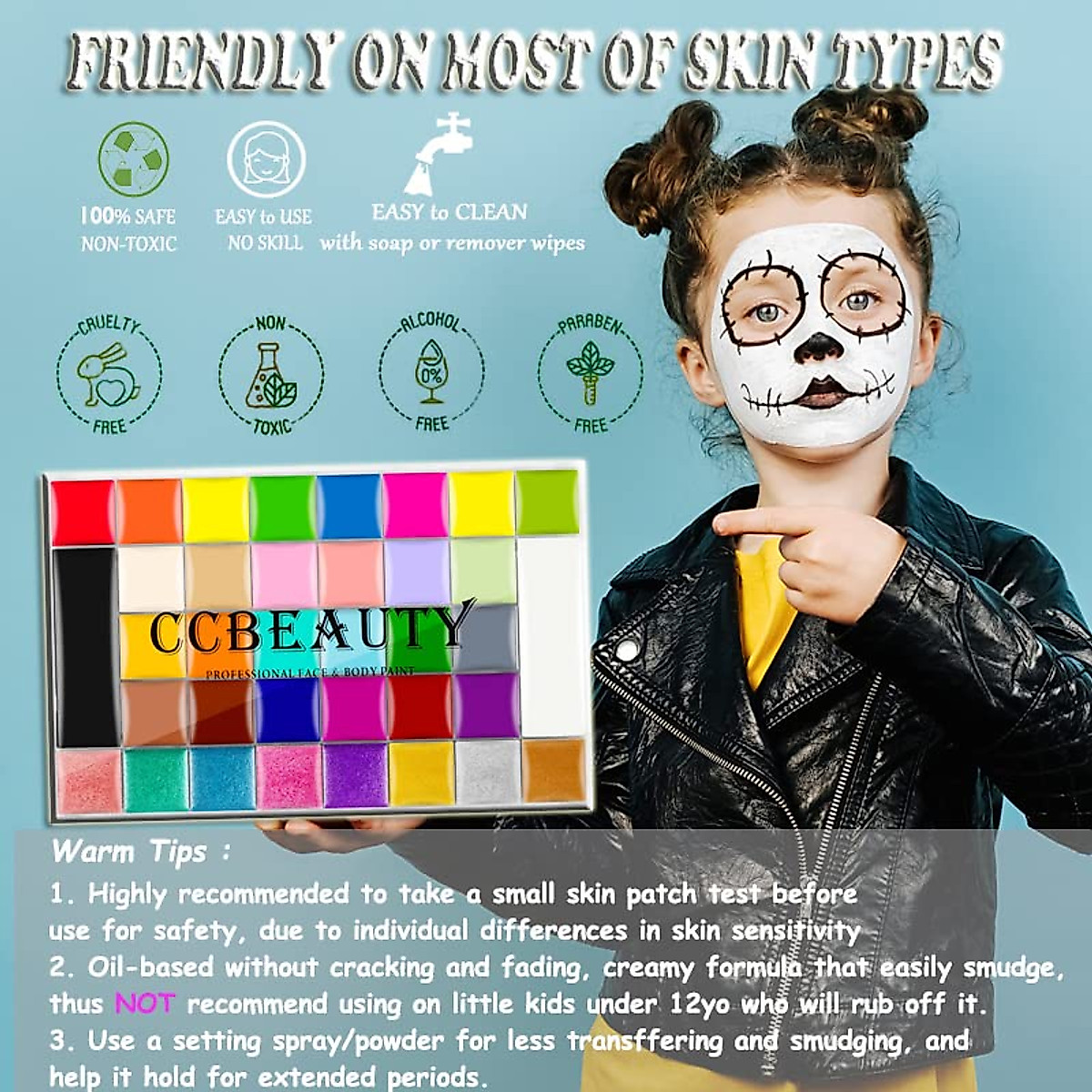 CCbeauty Professional 36 Colors Face Body Paint Kit, Largest Oil Based Non-Toxic Hypoallergenic Neon Face Painting Palette Set with 10 Brushes for Halloween SFX Special Effects Cosplay Costume Makeup